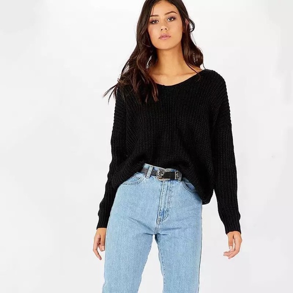 Sweaters | Black Lightweight Rib Lace Up Back Rib Sweater | Poshmark